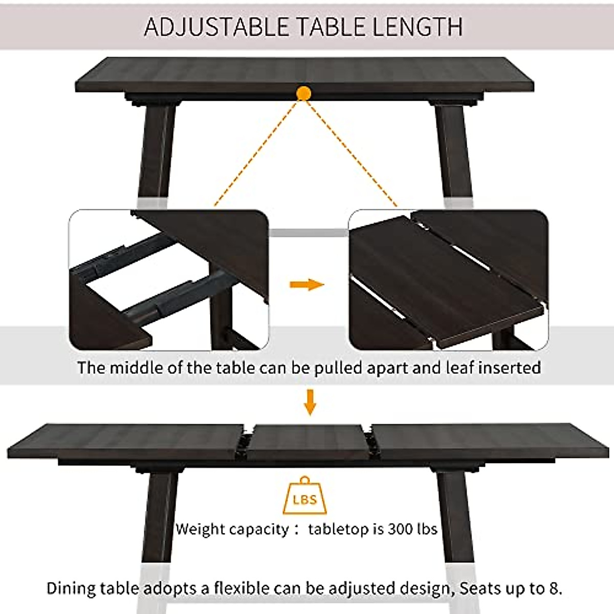 Danxee 7 Piece Solid Wood Dining Room Set, Retro Industrial Style Kitchen Table Set Extendable Table with 18” Leaf and Six Wood Chairs, Rectangle Table with Chairs for Limited Space (Espresso)