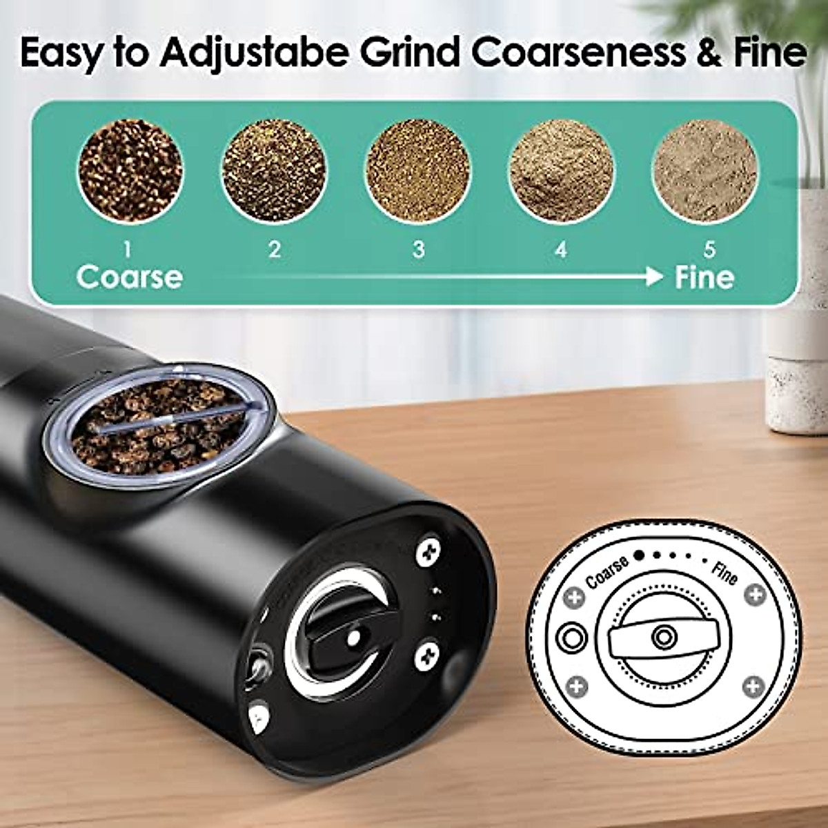 Electric Salt and Pepper Grinder Set Rechargeable, Automatic Salt and Pepper Grinder Set, Light up Salt and Pepper Shakers Set Adjustable Coarseness One Handed Opperation, Black(2 Pack)