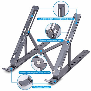 Arae Laptop Stand for Desk, Adjustable Ergonomic Portable Aluminum Laptop Holder, Foldable Computer Stand 7 Angles Anti-Slip Laptop Riser Compatible with 9-15.6 inch Laptops, Gray