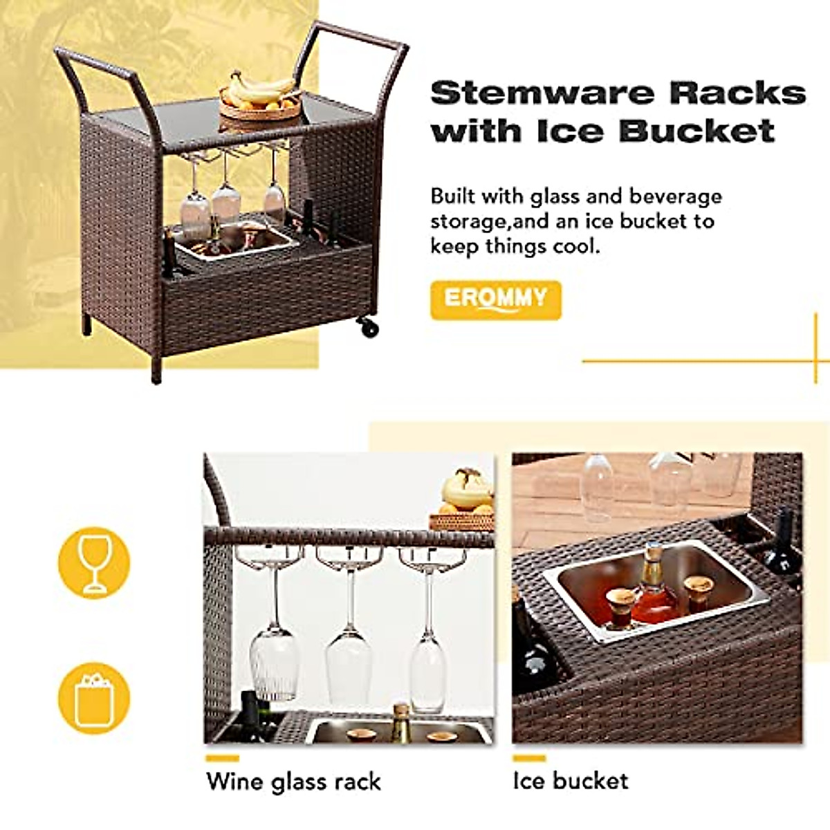 EROMMY Outdoor Wicker Bar Cart, Rolling Patio Wine Cart with Removable Ice Bucket & Wine Glass Holders, Rattan Bar Serving Cart with Glass Countertop, Beverage Cart for Pool, Party, Backyard