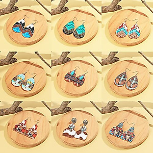 CHISOONBANNER Western Earrings for Women Earrings Set Boho Vintage Handmade Bohemian Turquoise Cow Print Leather Wood Teardrop Dangle for Women 4/6/9pairs