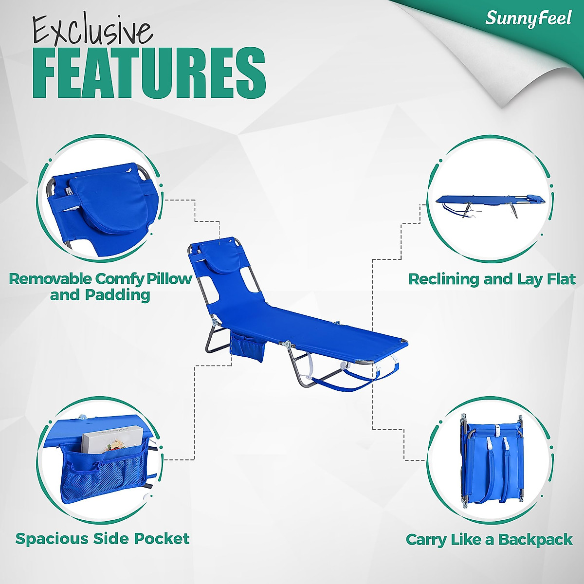 SUNNYFEEL Beach Lounge Chair, Backpack Reclining Beach Chairs Lay Flat, Sun Face Down Tanning Chair, Folding Camping Chairs Portable Camp Cot with Backpack Straps for Outdoor/Picnic/Lawn