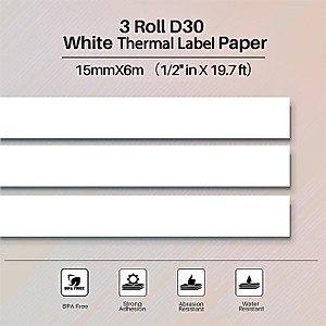 Phomemo 3 Roll D30 Adhesive White Continuous Thermal Label Paper 1/2 in X 20 Ft (15mm X 6m) Black on White, for Phomemo D30/D35 Label Maker