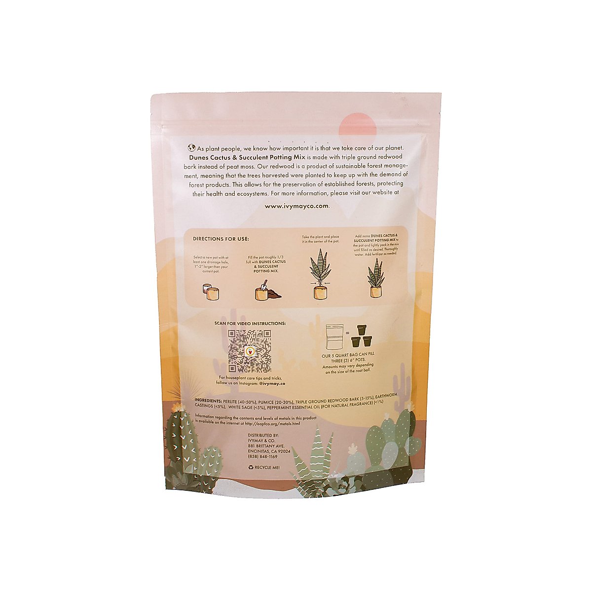 IvyMay Dunes Succulent Soil ― Organic Cactus Soil Potting Mix for Succulents, Ready to Use Potting Soil Indoor Plants with Perlite, Pumice, Earthworm Castings, Essential Oils ― 5 qt