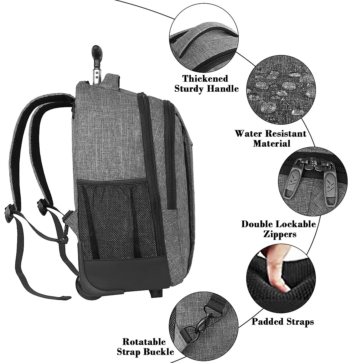 MATEIN Rolling Backpack, Water Resistant Travel Laptop Backpacks with Wheels, Large Roller College Bookbag School Computer Bag Business Luggage Carry on for Men Women Fits 17 Inch Notebook, Grey