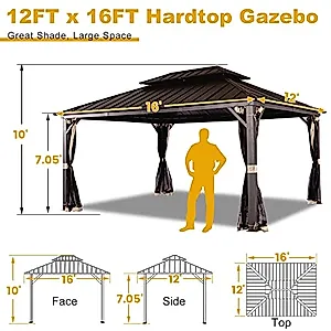 12' x 16' Gazebo, Outdoor Double Roof Canopy Hardtop Gazebo with Large Aluminum Frame, Galvanized Steel Top Gazebo with Ventilation and Mosquito Nettings, for Patio, Backyard, Deck and Lawns