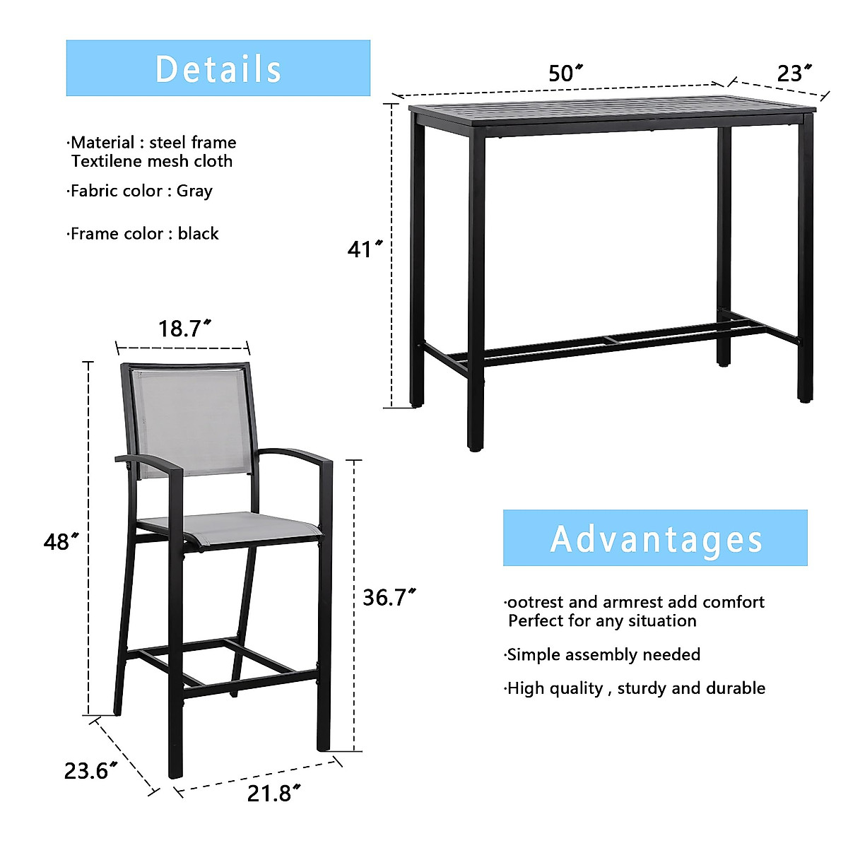Shintenchi Patio Dining Sets, All Weather Textile Fabric Outdoor High Stool Bistro Set with 4 Bar Chairs and High Glass Table for Home, Backyard, Garden, Lawn, Porch, 5 Pieces