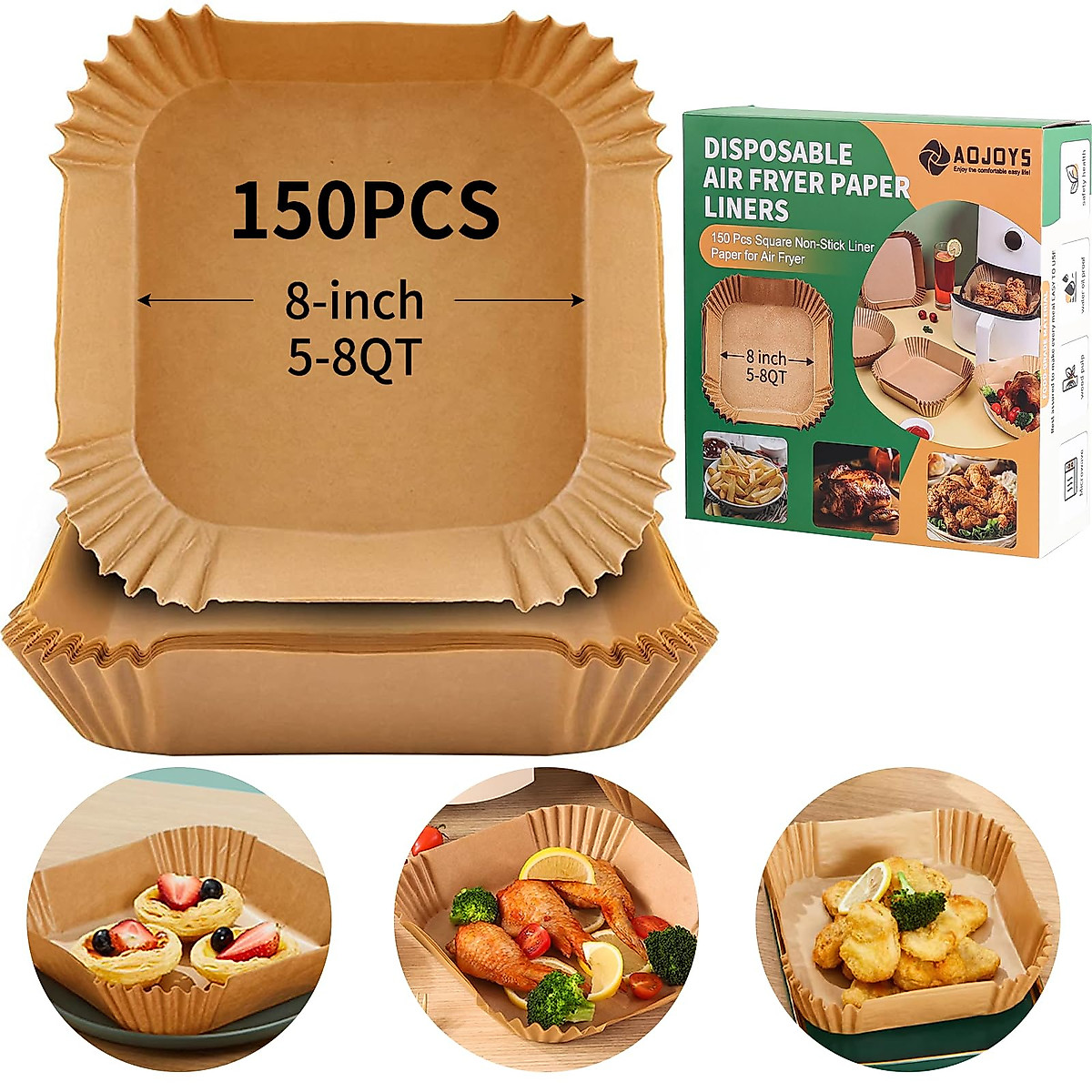 Air Fryer Liners Disposable Paper, 150 PCS Non-stick Parchment Paper, Air Fryer Disposable Liners For 5-8QT Air fryer, Oil-proof 8 Inch Airfryer Paper for Frying, Baking, Roasting Microwave (Square)