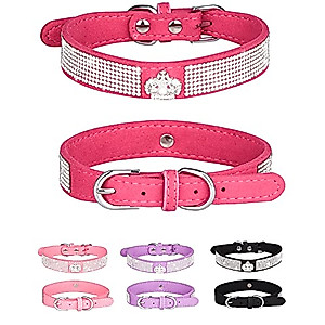 Bling Dog Collar for Small Medium Large Dogs, Crown Rhinestone Dog Collars for Girl and boy Dog, Diamond Puppy Collars, Adjustable Leather Suede SOFE Cat Collar (XS(8.2"-10.6"/21CM-27CM), Rose Red)