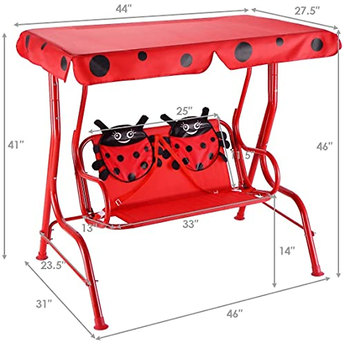 Fireflowery Kids Patio Swing, 2-Seater Outdoor Hanging Swing Bench w/Removable Canopy & Safety Belt, Porch Swing Lounge for Patio Garden Balcony Yard (Red Beetle)