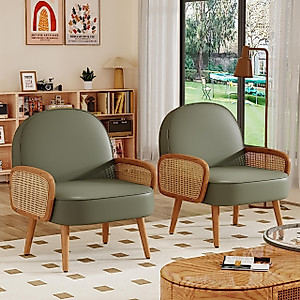 Aklaus Mid Century Modern Accent Chair Armchair with Rattan Arms Upholstered Rattan Boho Accent Chair for Living Room Bedroom Balcony Faux Leather Reading Chairs Side Club Chair Green