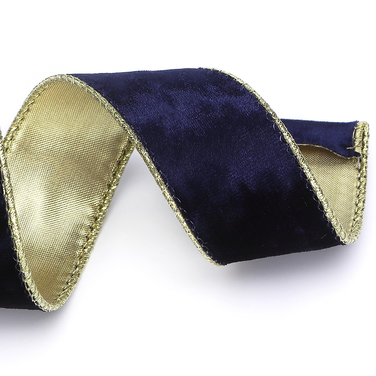 Ribbli Navy Velvet Wired Ribbon 1.5 Inch Metallic Navy Blue Gold Crushed Velvet Christmas Ribbon for Gift Wrapping Christmas Tree Decoration Crafts Wreaths Supplies-Continuous 10 Yards