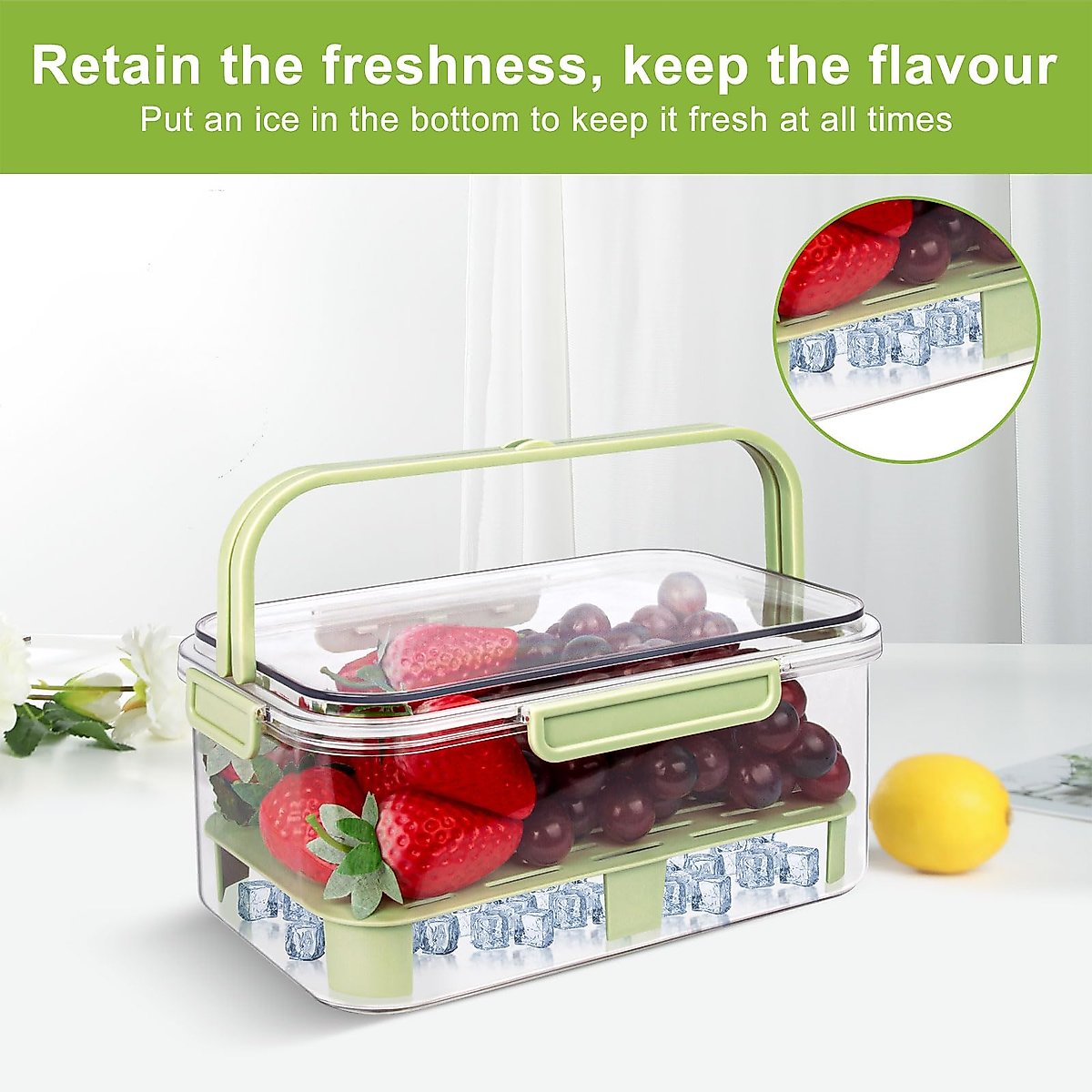 YUNLINLI 3 Pcs Large Fruit Storage Containers For Fridge with Removable Colanders, Airtight Food Storage Containers with Lids, Reusable Produce Saver with Handle, Stackable Plastic Fruit Veggie Saver