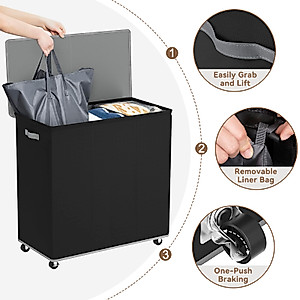 Chrislley 180L Laundry Hamper 3 Section,Rolling Large Laundry Basket with Wheels,Dirty Clothes Hamper with Lid and Removable Liner Bags,Collapsible Laundry Organizer for Bedroom, Dorm,Black