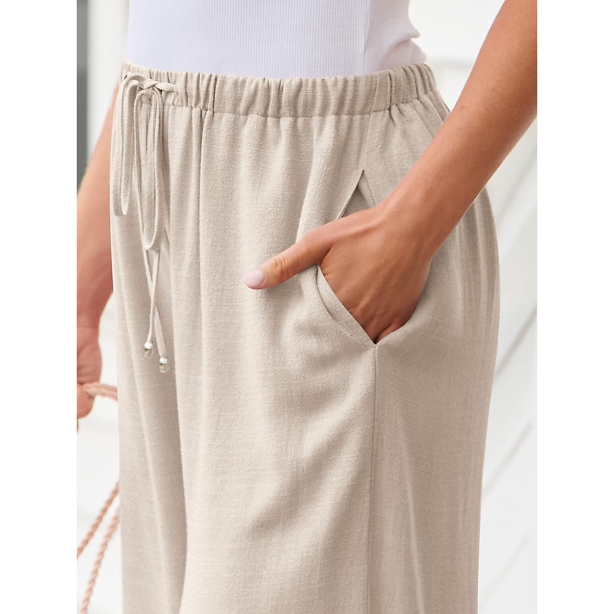 LILLUSORY Linen Wide Leg Pants Womens Palazzo Flowy Beach Vacation 2025 Summer Spring Fashion Outfits Clothes Clothing Trendy Skirt Cruise High Waisted Bohemian Travel Trousers with Pockets Apricot