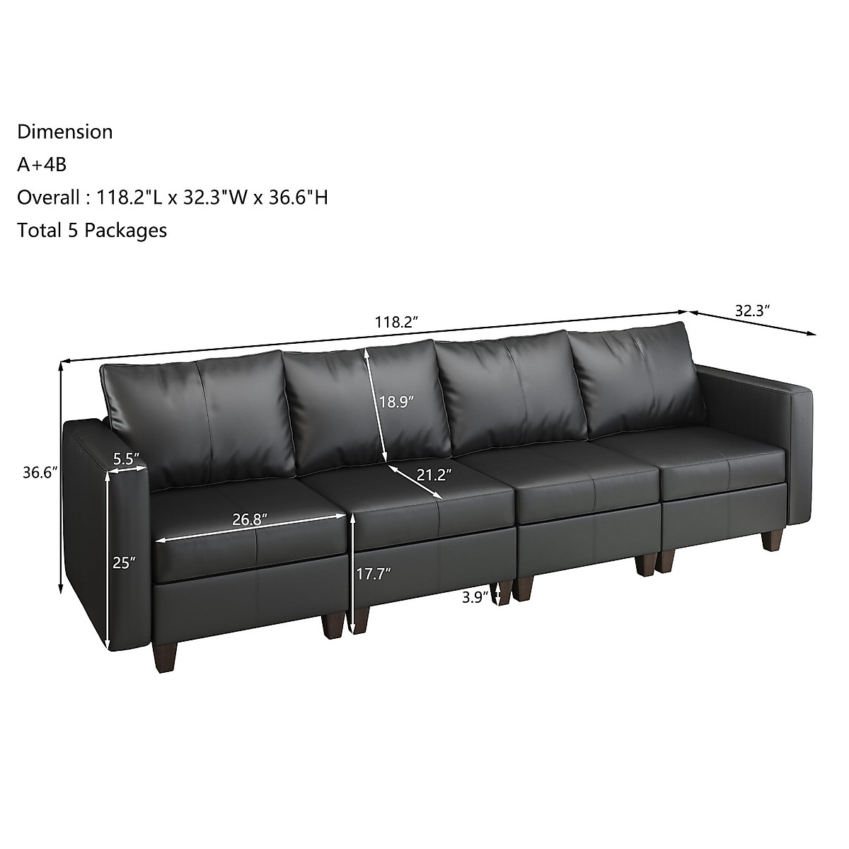 EASE MOOSE Modular Sectional Couch with Storage Seats, 4 Seat Faux Leather Convertible Modular Sofa Sectional Sofa Couch with Reversible Chaises for Small Spaces
