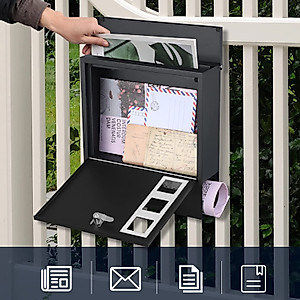 KYODOLED Locking Mailbox Wall Mount, Locked Mail Boxes, Mailbox with Key Lock for Outside, Large Capacity Drop Box for Newspapers, 13 x 3.4 x 11.8 Inch, Black