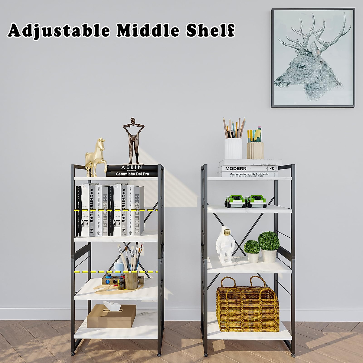 Azheruol 4 Tiers Bookshelf Adjustable White Faux Marble Organizer, Modern Small Bookcase for Small Space,Industrial Wooden Storage Display Rack and Storage Organizer for Living Room Home Office