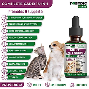 TOBYDIC Cat & Dog Multivitamin -15 in 1 Pet Supplements with Cranberry & Glucosamine - Natural Medicine & Support for UTI, Urinary Tract, Bladder, Kidney, Skin Coat, Joints Treatment Made in USA