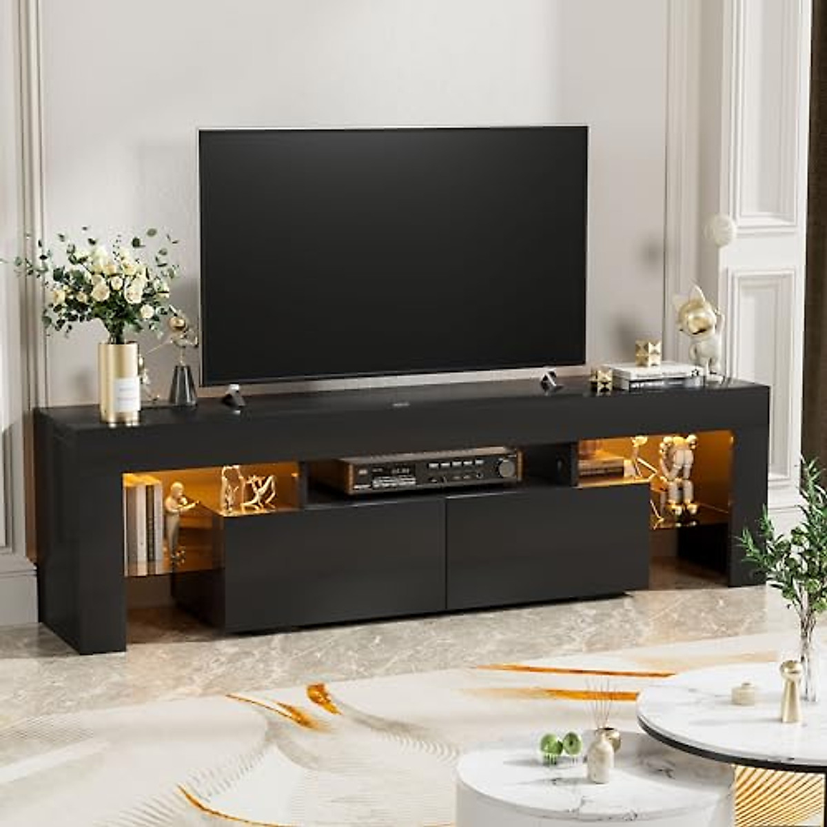 YESHOMY Modern LED TV Stand for Televisions up to 70 Inch with Glass Shelves and Drawer, Gaming Entertainment Center with Multiple Dynamic RGB Modes, for Livingroom, Bedroom, 60 Inch, Black