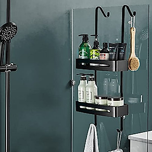 Kuyang Over the Door Shower Caddy Hanging 2-Tier Shower Organizer, Rustproof Aluminum Shower Shelf with Adhesive (No Drilling), Bathroom Storage Rack with Hook and Basket
