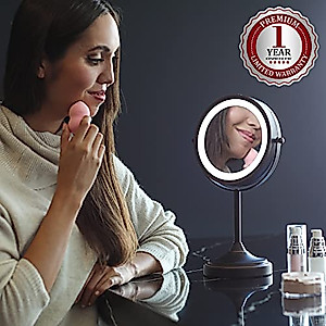 OVENTE 7'' Lighted Makeup Mirror with 1X/7X Magnification, Cordless Tabletop Mount Vanity Mirror with 360° Swivel Design & Double Sided Glow Cosmetic White LED Ring Light, Antique Bronze MCT70ABZ1X7X