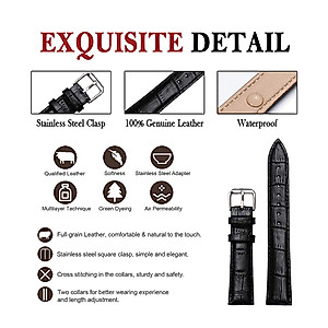 Narako Alligator Style Genuine Leather Watch Bands Genuine Calf Leather Replacement Watch Strap with Stainless Metal Buckle Clasp 12mm 14mm 16mm 18mm 20mm 22mm 24mm for Men and Women (12mm, Black)