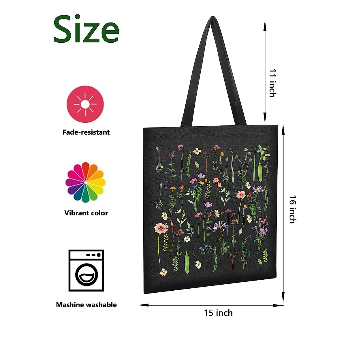 AUSVKAI Cute Canvas Tote Bag Aesthetic For Women College Grocery Bag Cotton Cloth Beach Totes Gift-Black Flowers