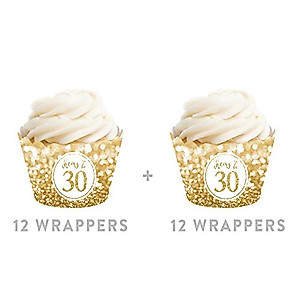 Andaz Press Glitzy Faux Gold Glitter Cupcake Wrapper Decorations, Cheers to 30 Years, 30th Birthday or Anniversary, 24-Pack, Not Real Glitter