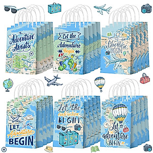 Yeaqee 24 Pcs Adventure Themed Party Favor Bags Adventure Gift Bags Blue World Map Paper Bags with Handle Travel the World Candy Treat Bags Gift Wrapping Bags for Weeding Birthday Party Favor