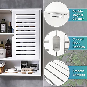 SMIBUY Bathroom Cabinet Wall Mounted, Bamboo Over-The-Toilet Storage Organizer, Space Saver Medicine Cabinet with 2 Door and Adjustable Shelves (White)