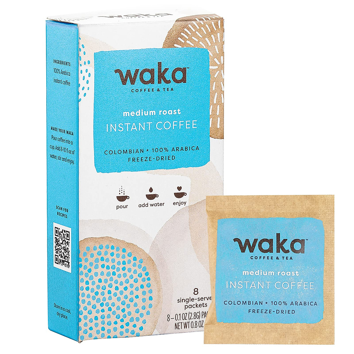 Waka Premium Instant Coffee Medium Roast, 8 Single Serve Packets in a Recyclable Box, 100% Arabica Beans, Freeze Dried Granules, For Hot or Iced Coffee