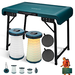 OXAMAFIT Outdoor Retractable Folding Table and 2 Stools Set, Portable Camping Foldable Table Lightweight, 3 Lighting Mode Adjustable Stool for Outdoor Picnic, Beach, Camp, Party.-Green