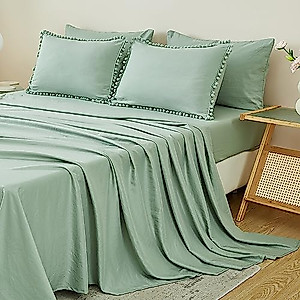 Litanika Queen Comforter Set Sage Green, Bed in a Bag 7 Pieces Pom Pom Fringe Comforter, Aesthetic Boho Bedding Set with Comforter, Sheet, Pillowcases & Shams