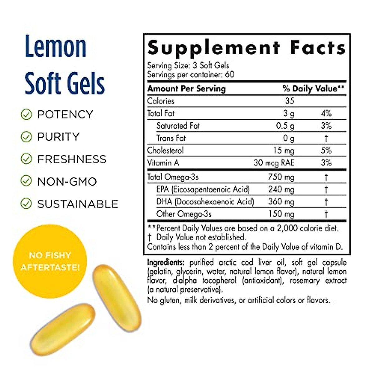 Nordic Naturals Arctic Cod Liver Oil, Lemon - 180 Soft Gels - 750 mg Total Omega-3s with EPA & DHA - Heart & Brain Health, Healthy Immunity, Overall Wellness - Non-GMO - 60 Servings