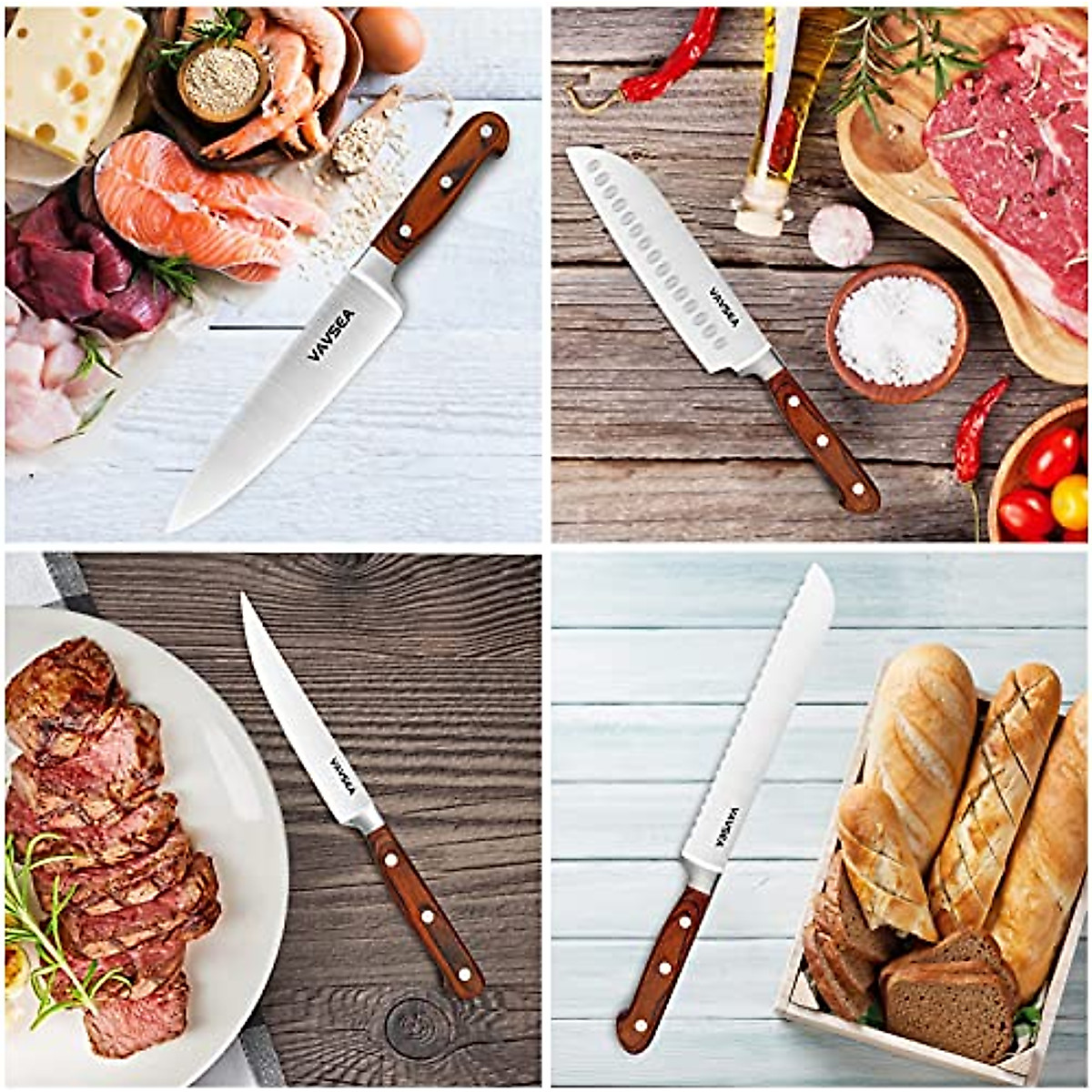 Knife Set, VAVSEA 16 PCS Kitchen Knife Set with Block Stainless Steel Professional Chef Knife Sets with 6 Pieces Steak Knives, Bread Knife, Sharpener Rod, Scissors, Ultra Sharp