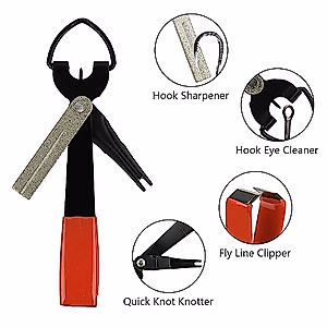 Cosmos Fishing Quick Knot Tying Tool Fly Fishing Nippers 4 in 1 Fly Line Clippers Hook Sharpener Hook Eye Needle Ket, Fly Fishing Knot Tying Kit with Zinger Retractor (Red)