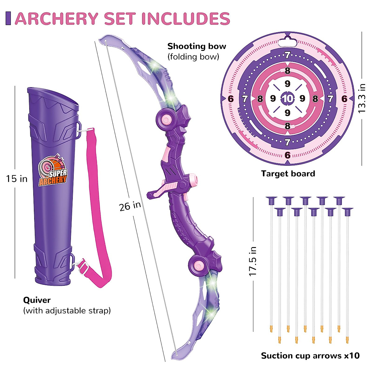 GMAOPHY Bow and Arrow Toys with LED Light Up Archery, for Girls 5 6 7 8 9 10 11 12 Year Old, Purple Indoor Outdoor Activity, Christmas Toy for Kids Girls Ages 6-8