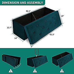 YITAHOME 43 Inches Folding 120L Storage Ottoman Bench, Velvet Footrest with 35mm high Elasticity Sponge seat and Metal Frame for Sturdiness- Holds Upto 680 Lbs (Dark Teal)