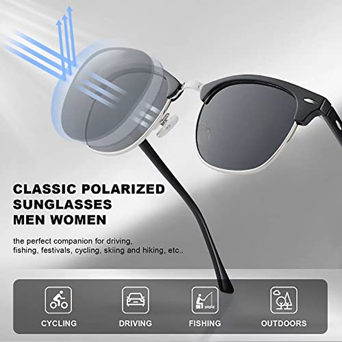 AOMASTE Sunglasses Men/Mens Polarized Sunglasses for Men Women,Classic Semi-Rimless Sun Glasses for Driving Fishing 100% UV400 Protection, A-black+black Sliver