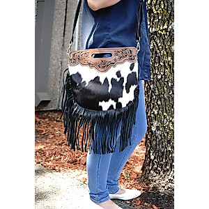bonanza leathers women's cowhide handbag crossbody shoulder leather bag with fringes button closure H8 (Black)