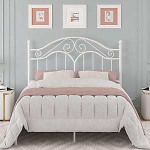 Elephance Queen Size Metal Bed Frame with Vintage Headboard,11 Inches Storage Space Platform Bed No Box Spring Needed Easy Assembly,White