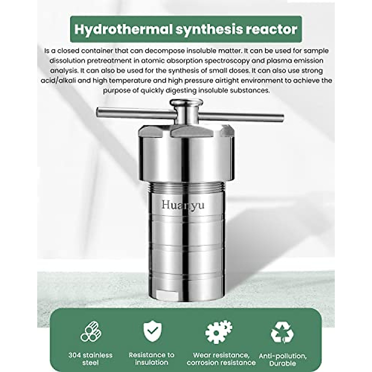 Huanyu 50ml PTFE Lined Hydrothermal Synthesis Autoclave Reactor 200℃ 3Mpa with PTFE Chamber High Pressure Digestion Tank Stainless Steel vessel Kettle for lab corrosion resistance