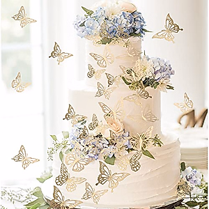 40 PCS Laser 3D Butterfly Cupcake Toppers Hollow Arts Butterfly Cake Decorations for Baby Shower Wedding Fairy Birthday Party Supplies Butterfly Wall Sticker Decoration Mixed Styles Gold