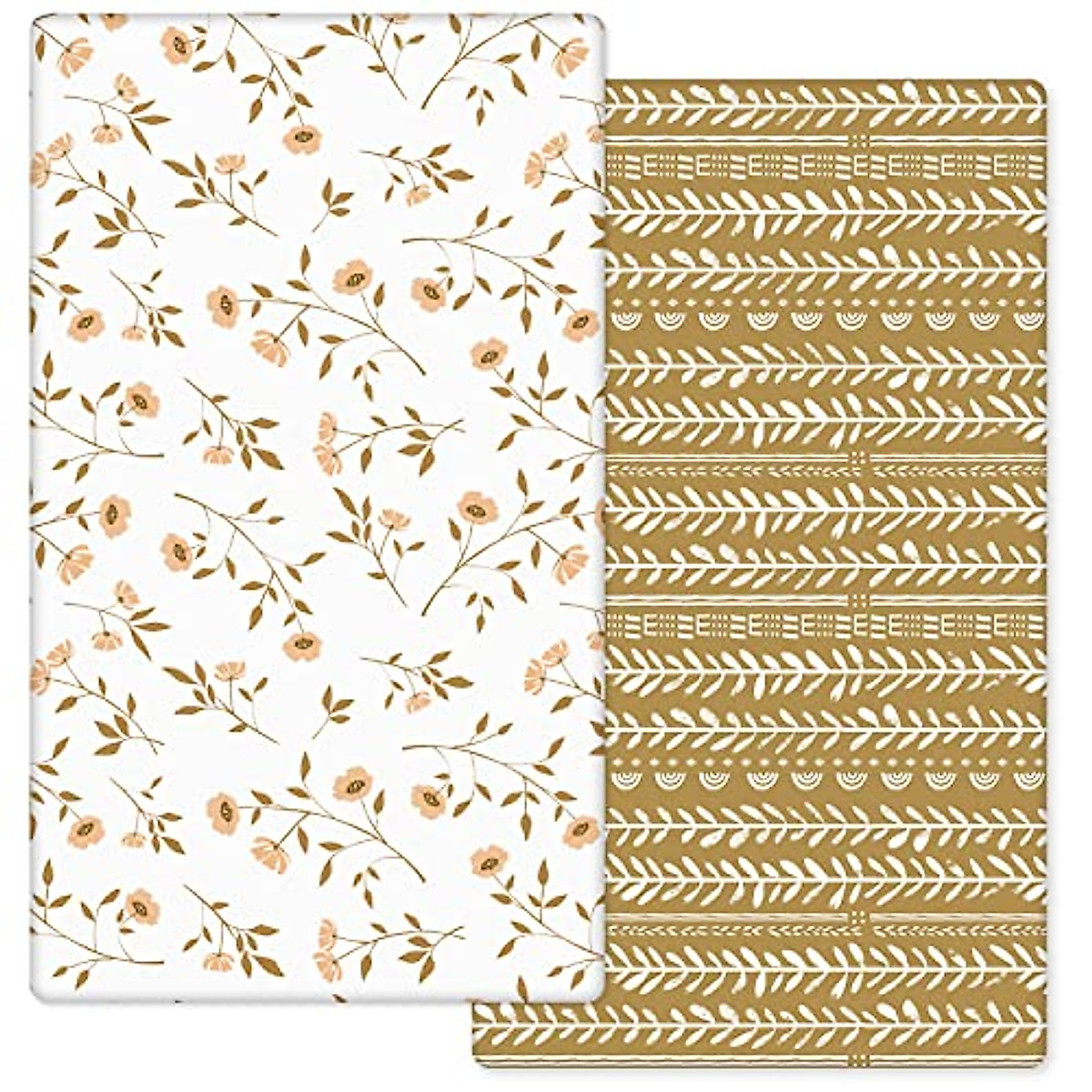 Pack N Play Sheets, 2 Pack Portable Mini Crib Sheets, Soft Jersey Knit Playard Sheets, Play Mattress Covers for Baby Girl Boy, Retro Brown Flower
