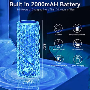 ZCWZMW Crystal Lamp Rechargeable Crystal Table Lamp with Touch Control Crystal Rose Lamp, 16 Colors Changing Lamp Night Light Rose Diamond Table Lamp for Nightstand, Living Room, Bedroom, Party