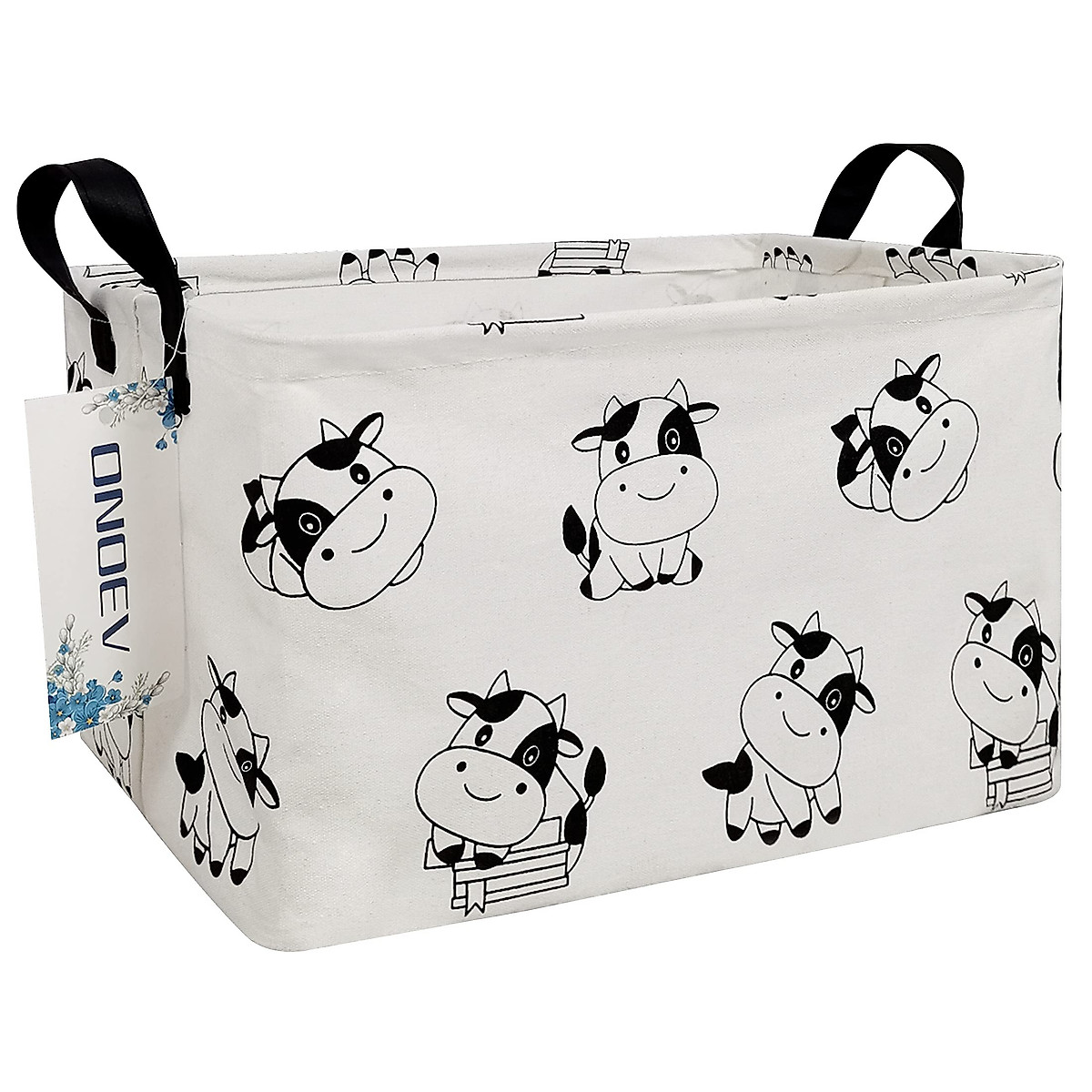 ONOEV Rectangular Folding Laundry Basket,Canvas Basket,Nersury Hamper,Suitable for Children,Office,Bedroom,Clothes,Toys Storage (REC Cow), 14.9’’L ×10.2’’W×9.05’’H inches