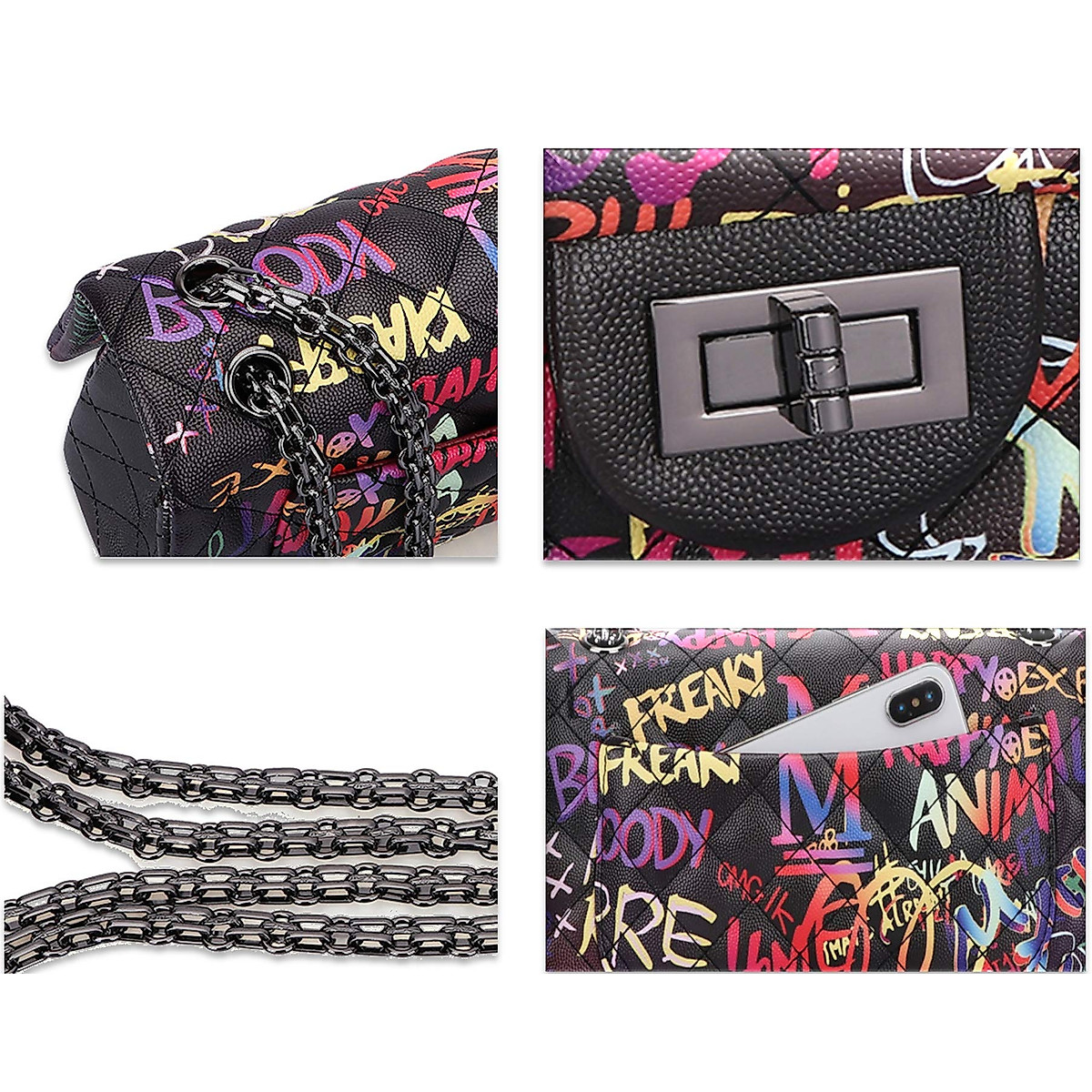 VOGUZY Fashion Quilted Handbags for Women Graffiti PU Crossbody Bags Shoulder Handbags Purse with Metal Chain Black Graffiti
