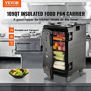 VEVOR Insulated Food Pan Carrier, 127 Qt Hot Box for Catering, LLDPE Food Box Carrier w/Double Buckles, Front Loading Food Warmer w/Handles, End Loader w/Wheels for Restaurant, Canteen, etc. Black