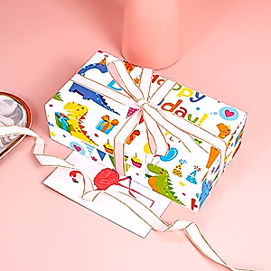 Buperor Happy Birthday Dinosaur Wrapping Paper,10 Sheets Pre-cut Funny Wrap for Girls Boys Kids Holiday Party Festival Anniversary, 19.7 X 27.6 Inch， Folded Package, Not rolled